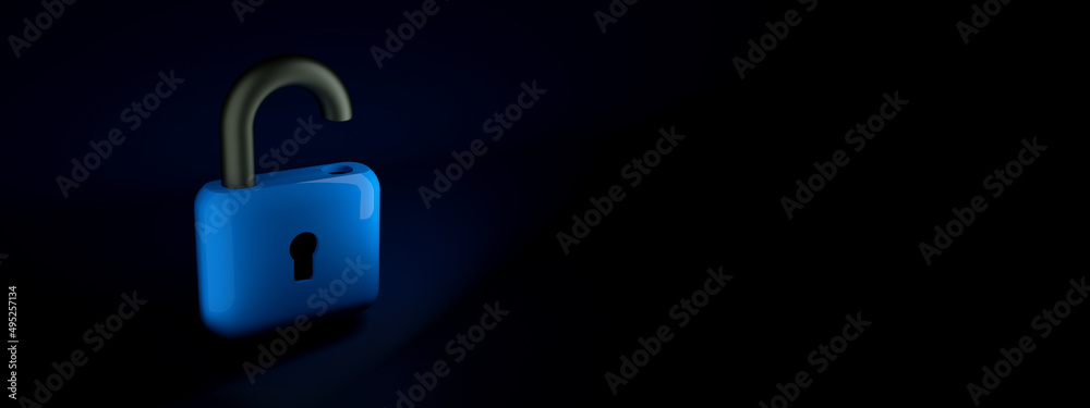 Open blue lock over black background, 3d rendering, panoramic layout ...