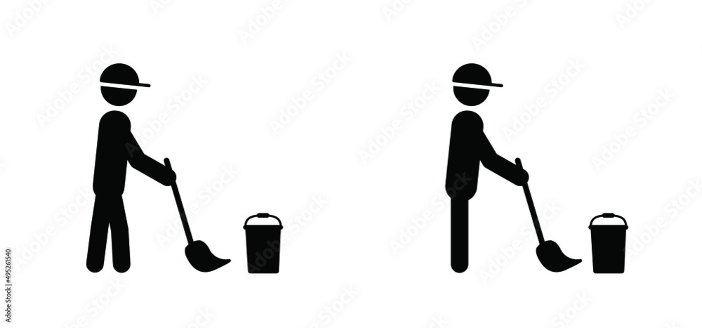 Cartoon stickman, stick figure man worker of cleaning service with ...