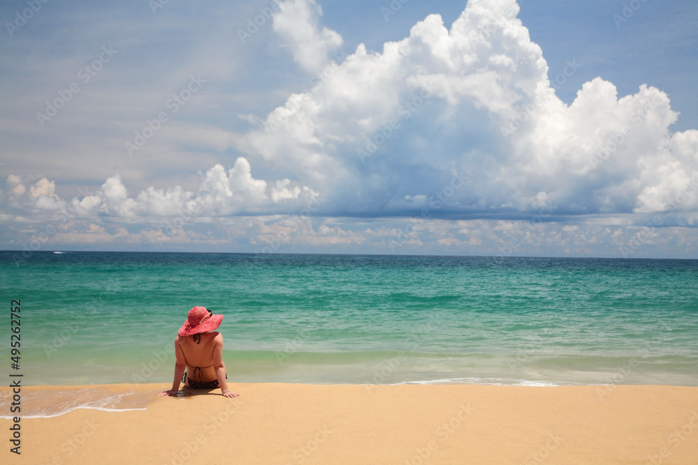 female foreign tourist with pink hat and bikini on beach, Phuket Stock ...