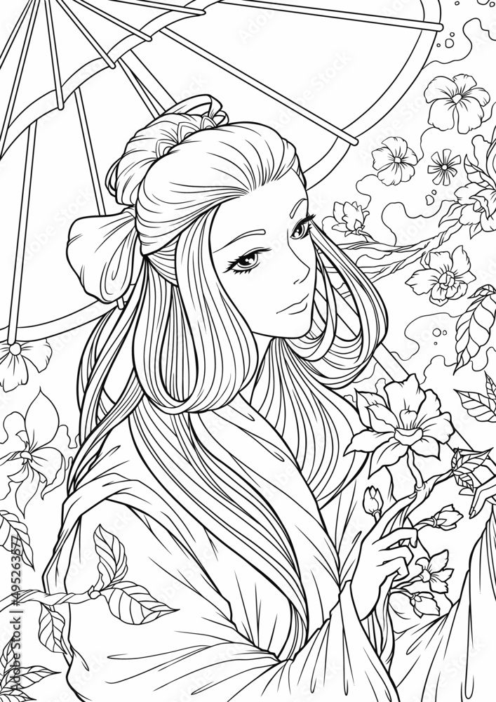 Obraz Young beautiful girl with long hair in garden. Flowers. Outline ...