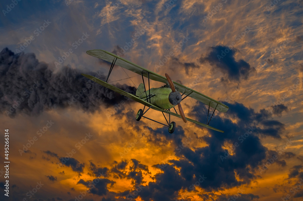 Historic vintage biplane propeller with engine on fire and smoke before ...