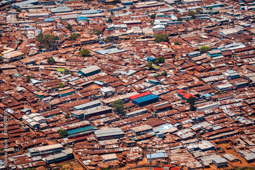 Aerial view of corrugated iron huts at the Nairobi downtown Kibera slum ...