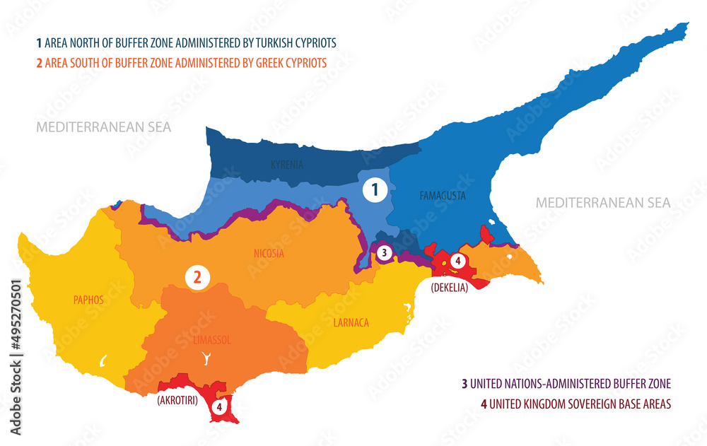 Map of the Cyprus with regions and districts, detailed vector ...