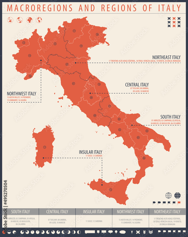 Infographic map of Italy with administrative division into macro ...