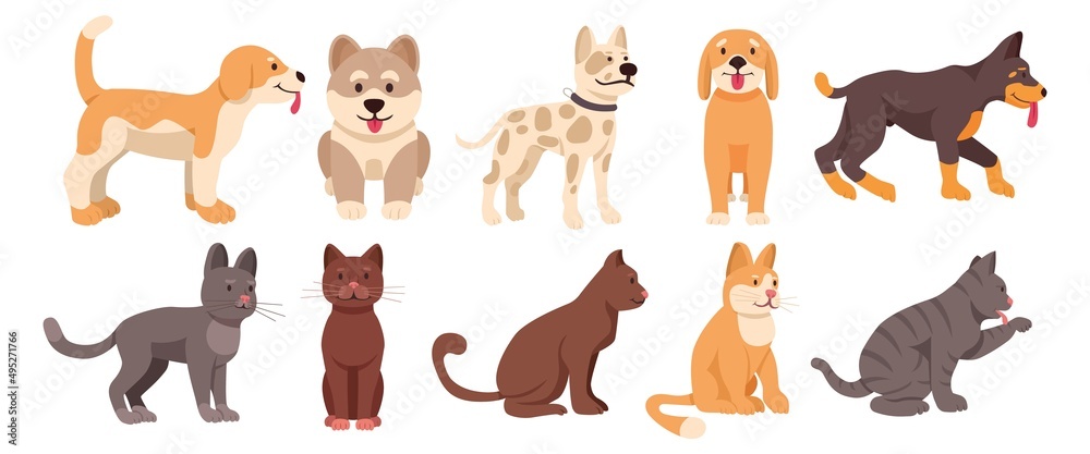 Vector illustration set of cute and funny cartoon pet characters. Cats ...