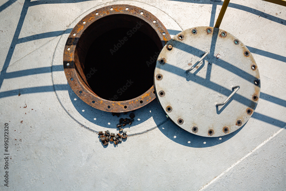 Manhole open lid stainless steel tank chemical methanol testing at ...