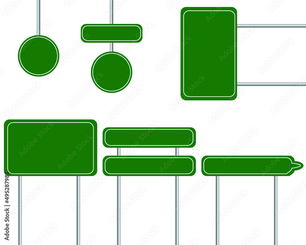 Set of road signs isolated on a white background. Green traffic signs ...