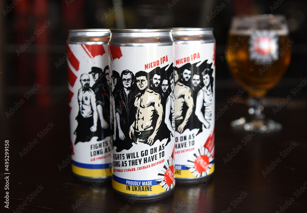 Lviv, Ukraine - March 26, 2022. Localy brewed beer which is called ...