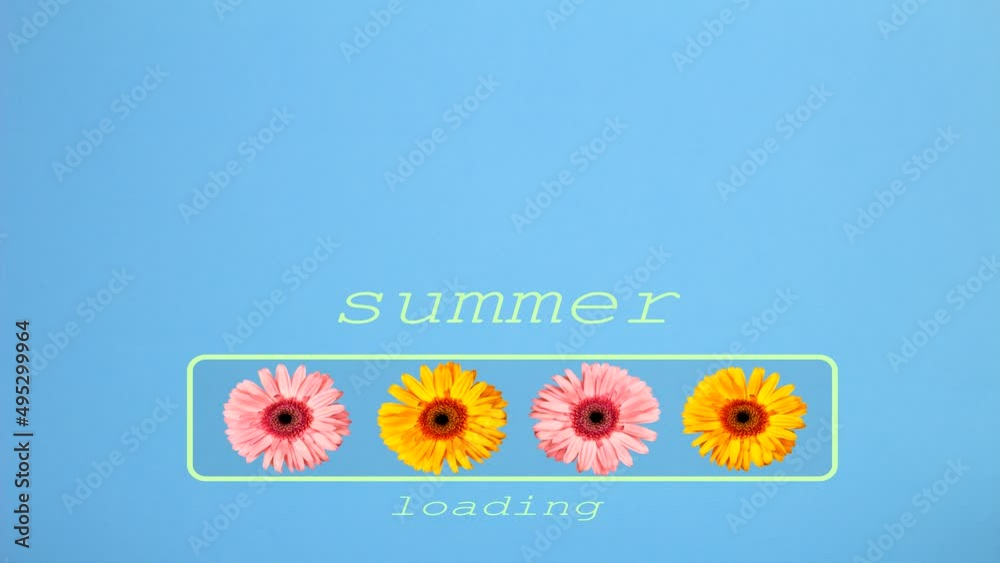 Loading bar icon in progress with pink and yellow flowers on a blue ...