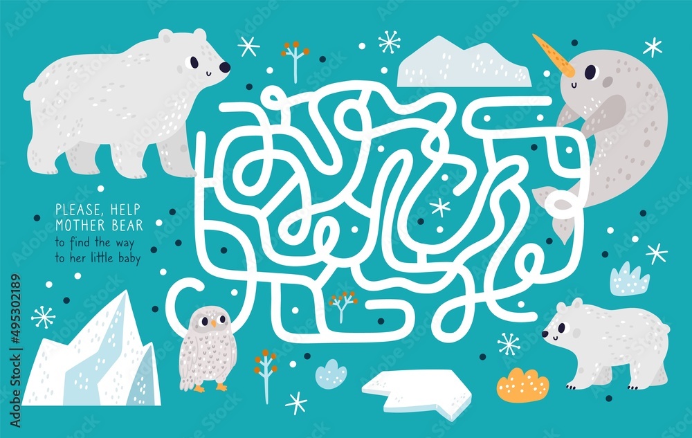 North animals kids game. Polar fauna. Children funny maze. Arctic ...