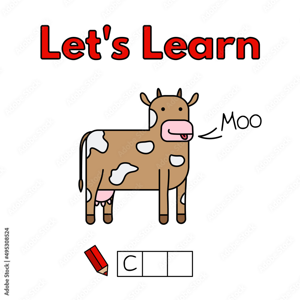 Cartoon cow learning game for small children - write the word. Vector ...