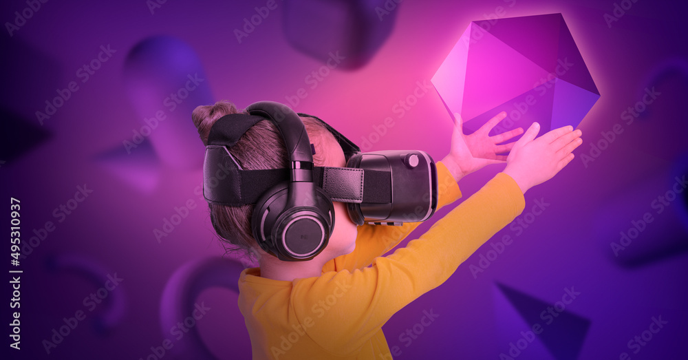 Metaverse digital 3d cyber space concept. Beautiful cute little girl ...
