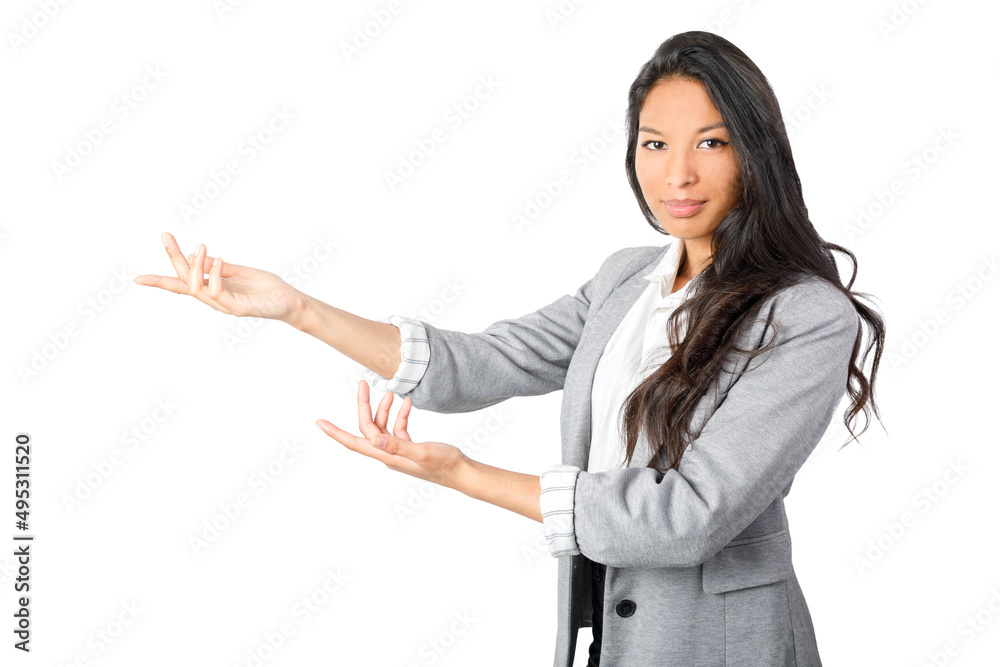 Beautiful woman pointing to the left. Woman showing a product, palm up ...