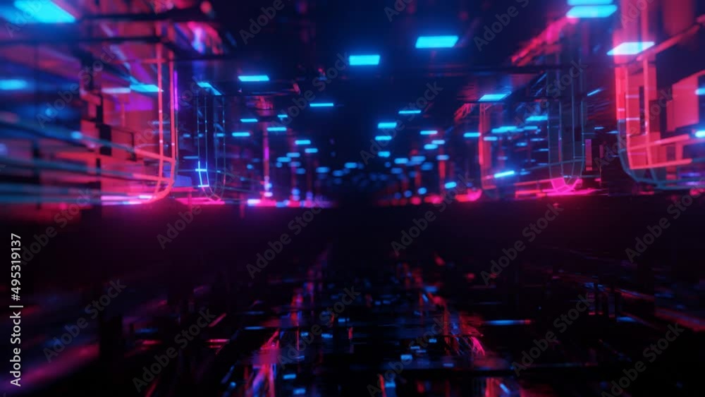 Mirror room with neon light. Abstract festive bg with bright reflection ...