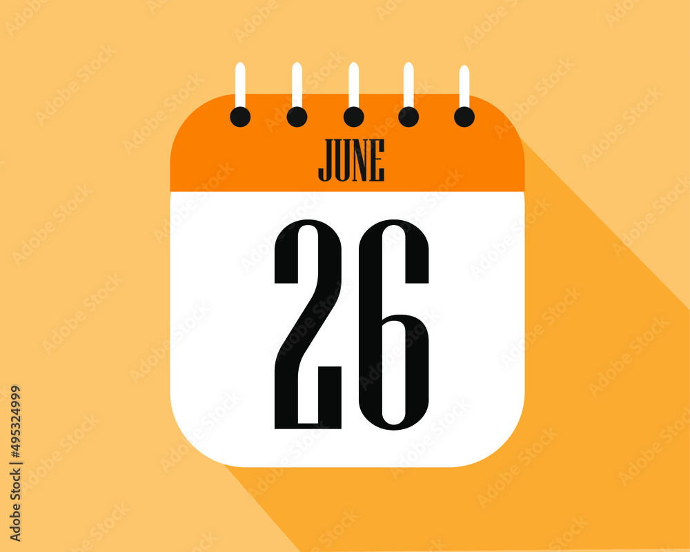 June day 26. Calendar icon on a white paper with orange color border on ...