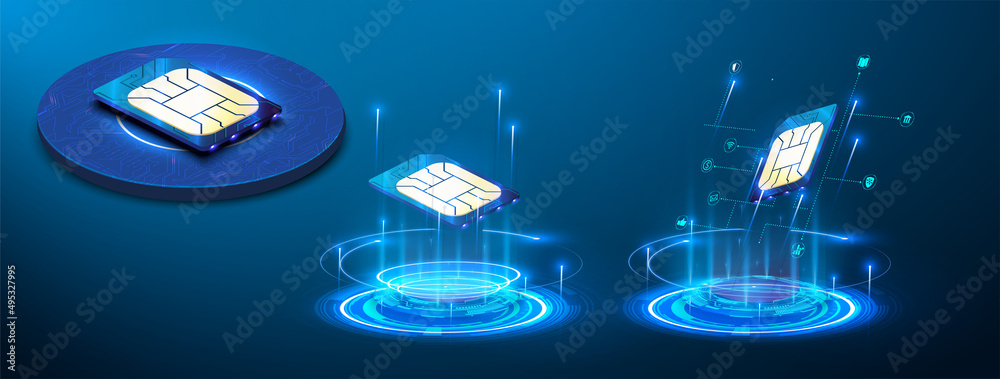 Sign of the sim card chip. Holographic projection. a new modern ...