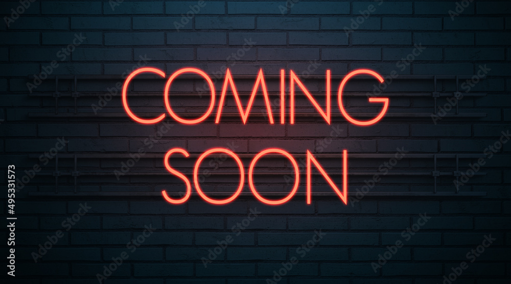 neon sign with message COMING SOON in front of a brick wall Stock ...
