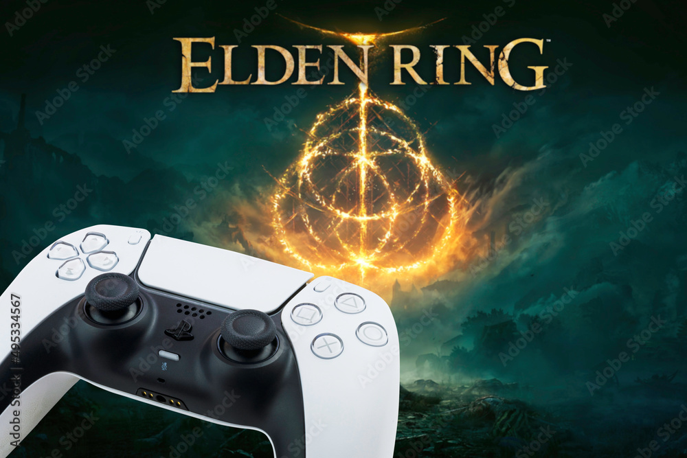 Playstation 5 Dual Sense Controller with Elden Ring game blurred in the ...