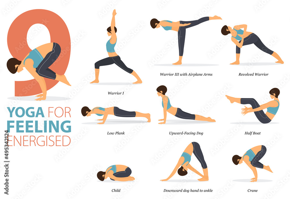 7 Yoga poses or asana posture for workout in everyday stretches concept ...