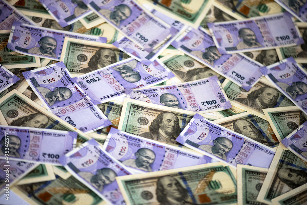 Indian rupees and US dollar bank note as a background Stock Photo ...