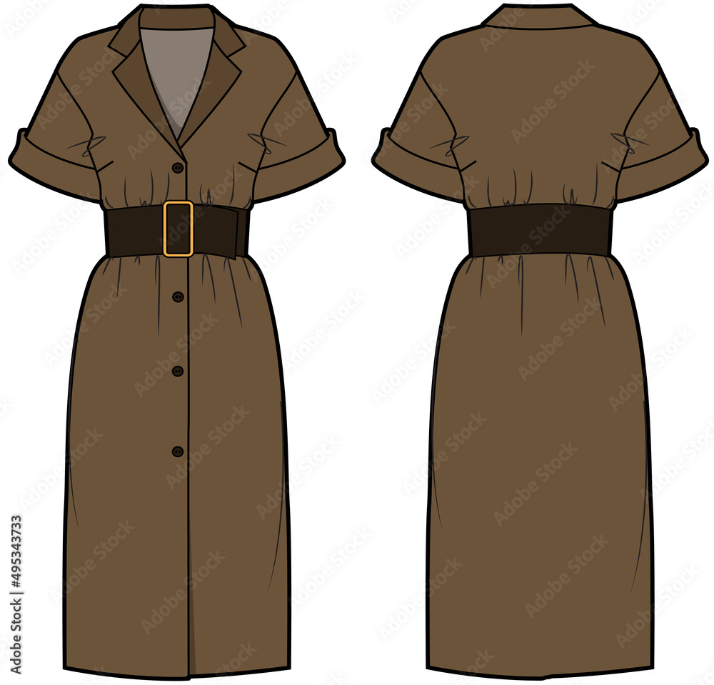 Women Office Wear Dress, Notch Lapel Collar Knee Length Dress with Belt ...