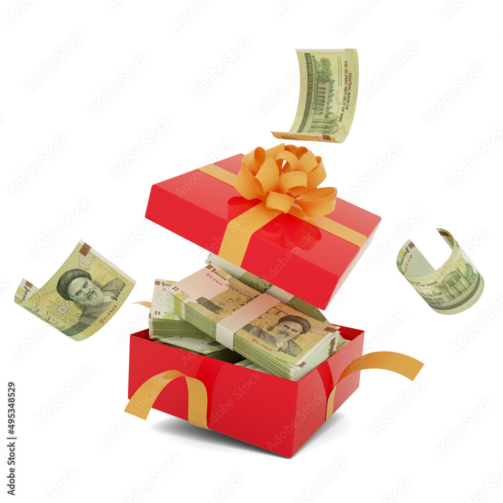 100000 Iranian rial notes inside an open red gift box. Iranian rials ...