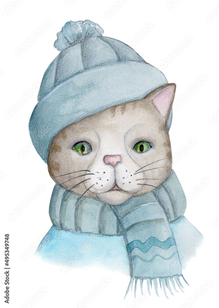 Cute cartoon cat. Watercolor hand drawn illustration art. Isolated on ...