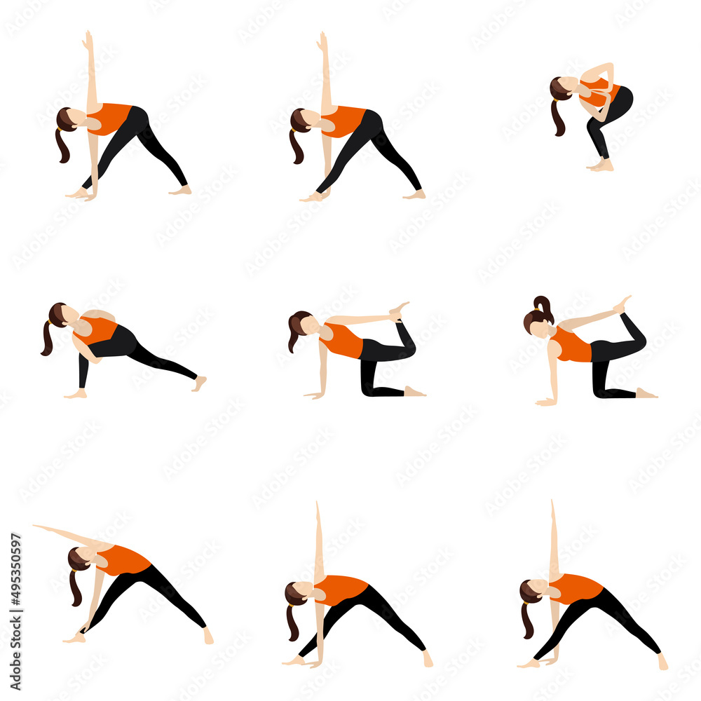 Twisted yoga asanas set / Illustration stylized woman practicing ...