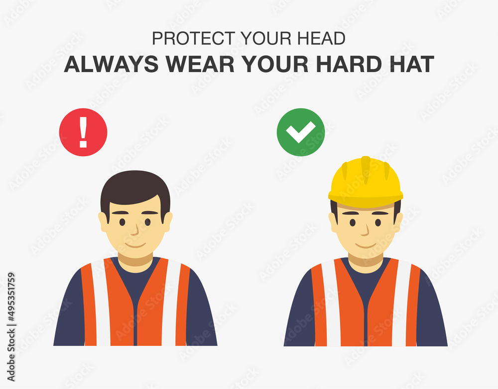 Workplace golden safety rule. Correct and incorrect. Protect your head ...
