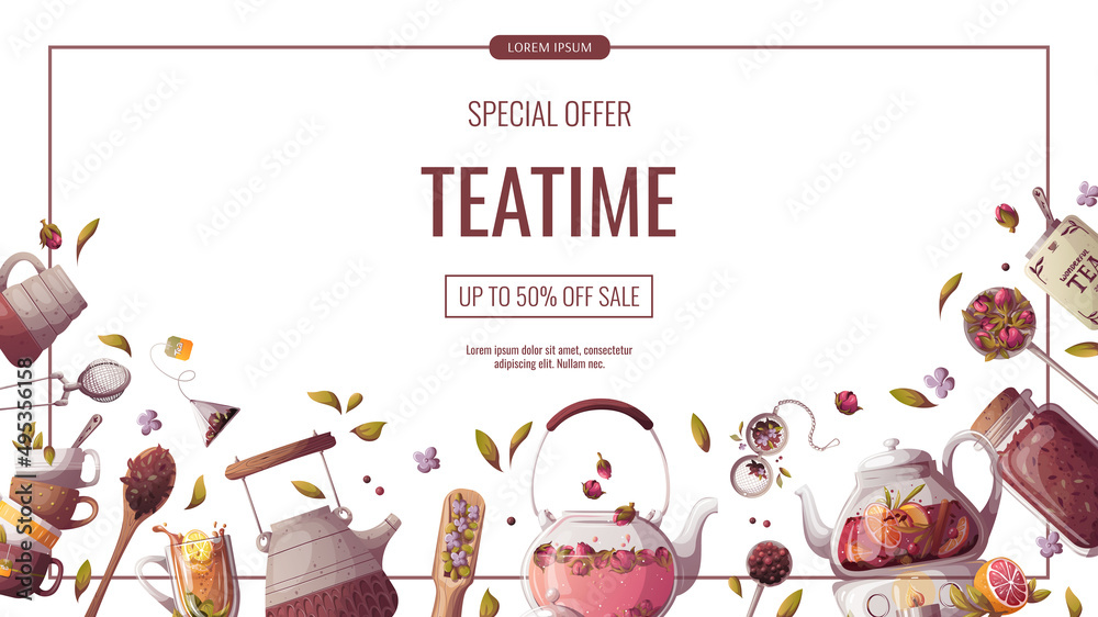 Flyer design with teapots, jar of loose tea, teacups. Tea shop, break ...