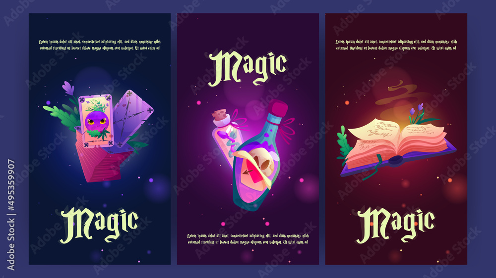 Cartoon magic posters with witch stuff, magician spell book, cards ...