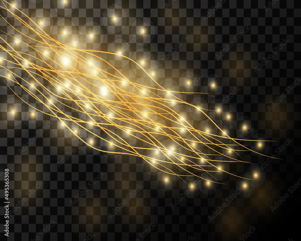 Abstract golden lines, beautiful waves, glitter and dust effect, bright ...