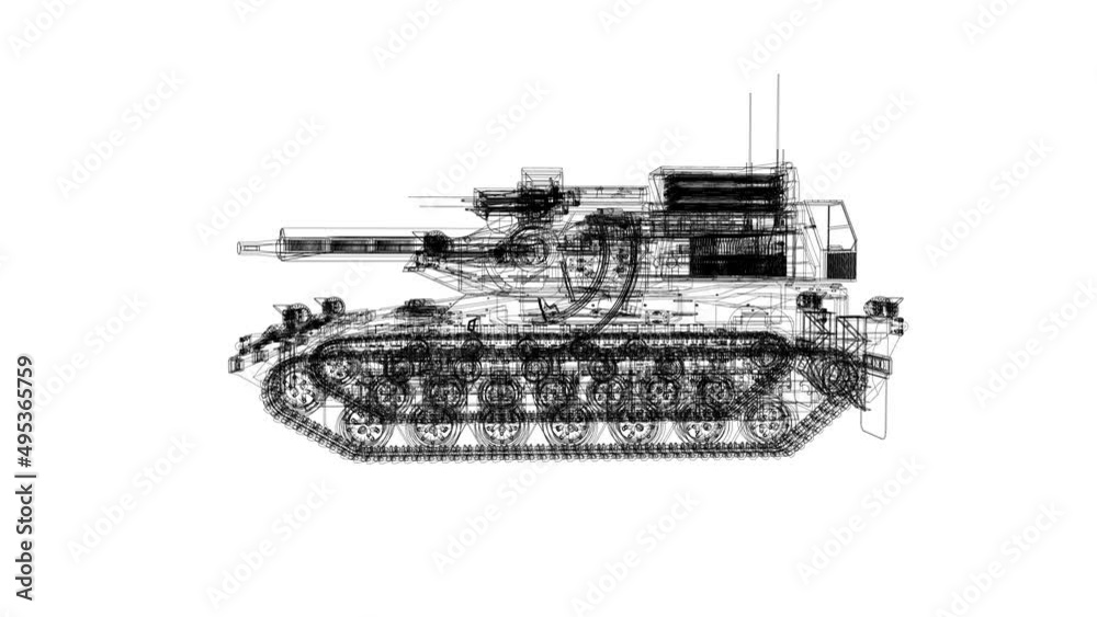 Loop rotation animation of a military tank wireframe with thin dark ...