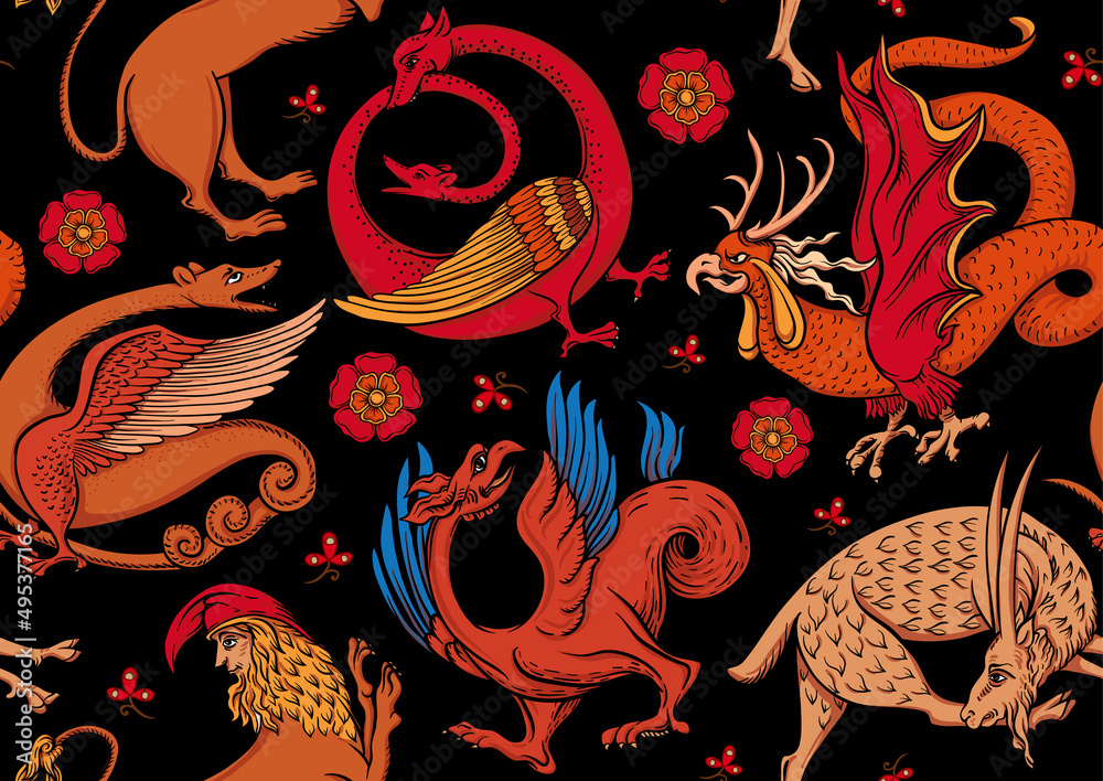 Medieval mythical animals, illuminati manuscript inspiration ...