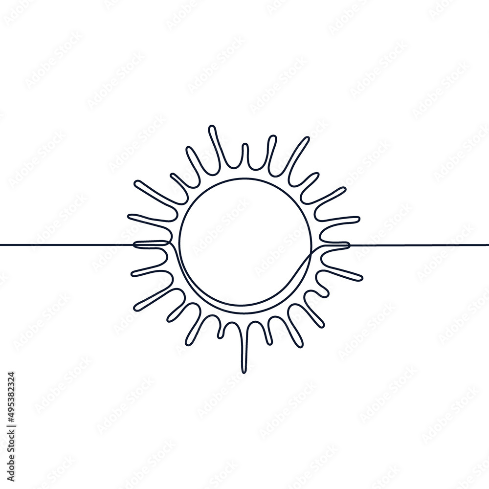 Sun one black continuous line, light rays outline. One line drawing ...