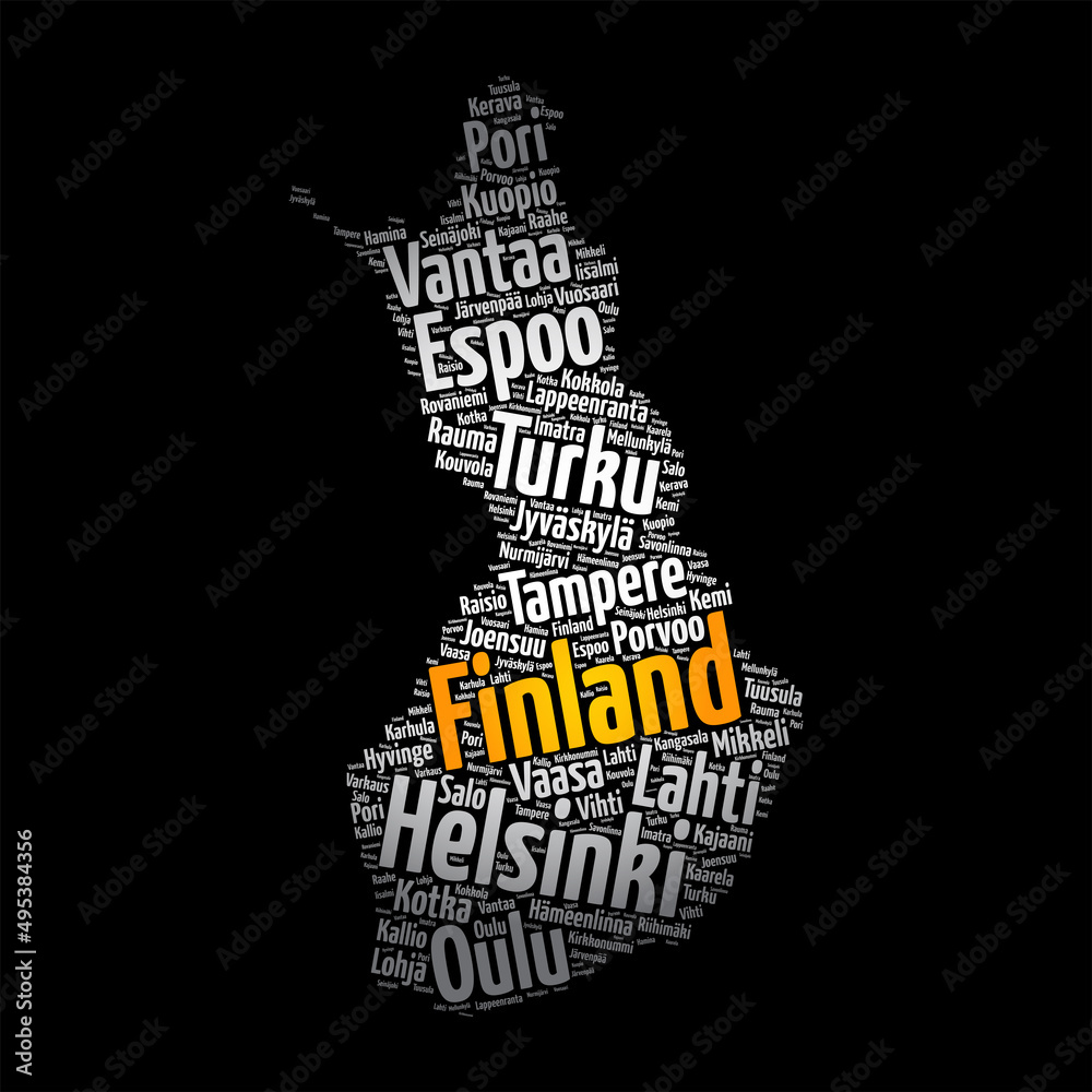 List of cities and towns in Finland, map word cloud collage, business ...