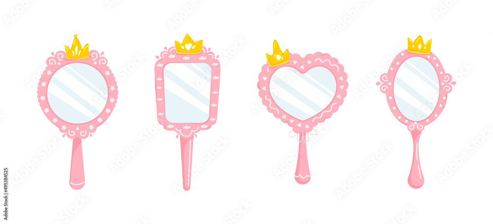 Princess hand mirror.Set of pink mirrors with gold crown for girl ...