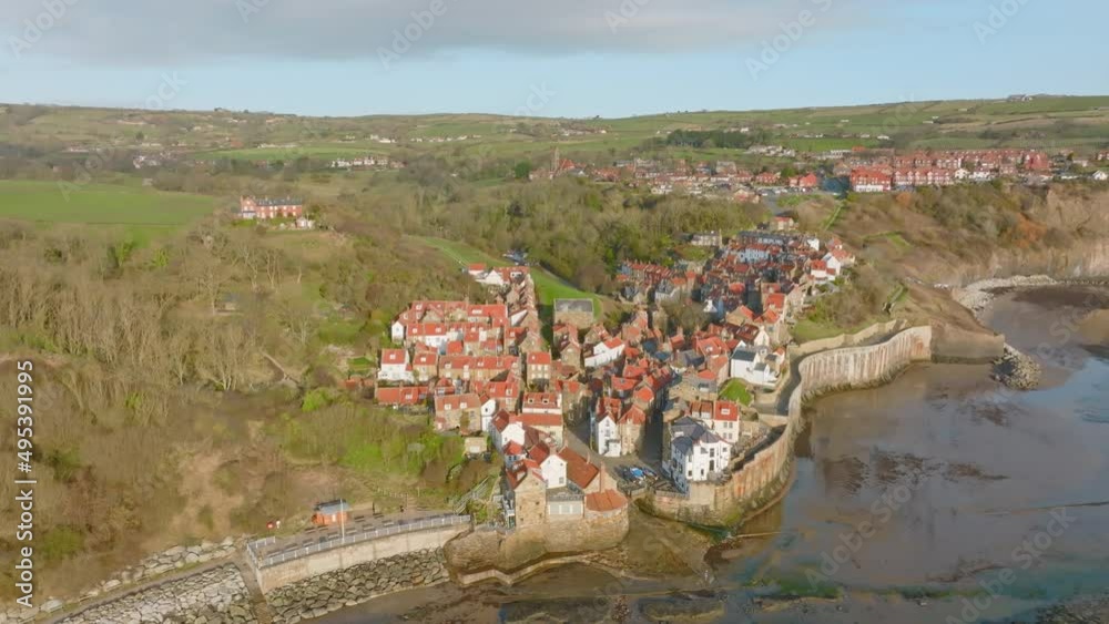 North York Moors Heritage Coast, Robin Hoods Bay, Aerial drone flight ...