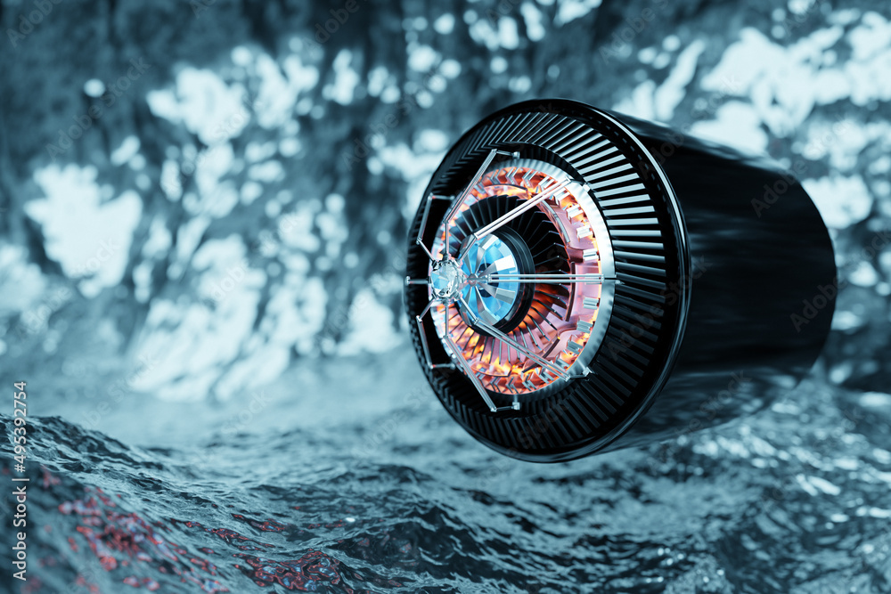 3D rendering future engine rocket turbine technology on wave background ...