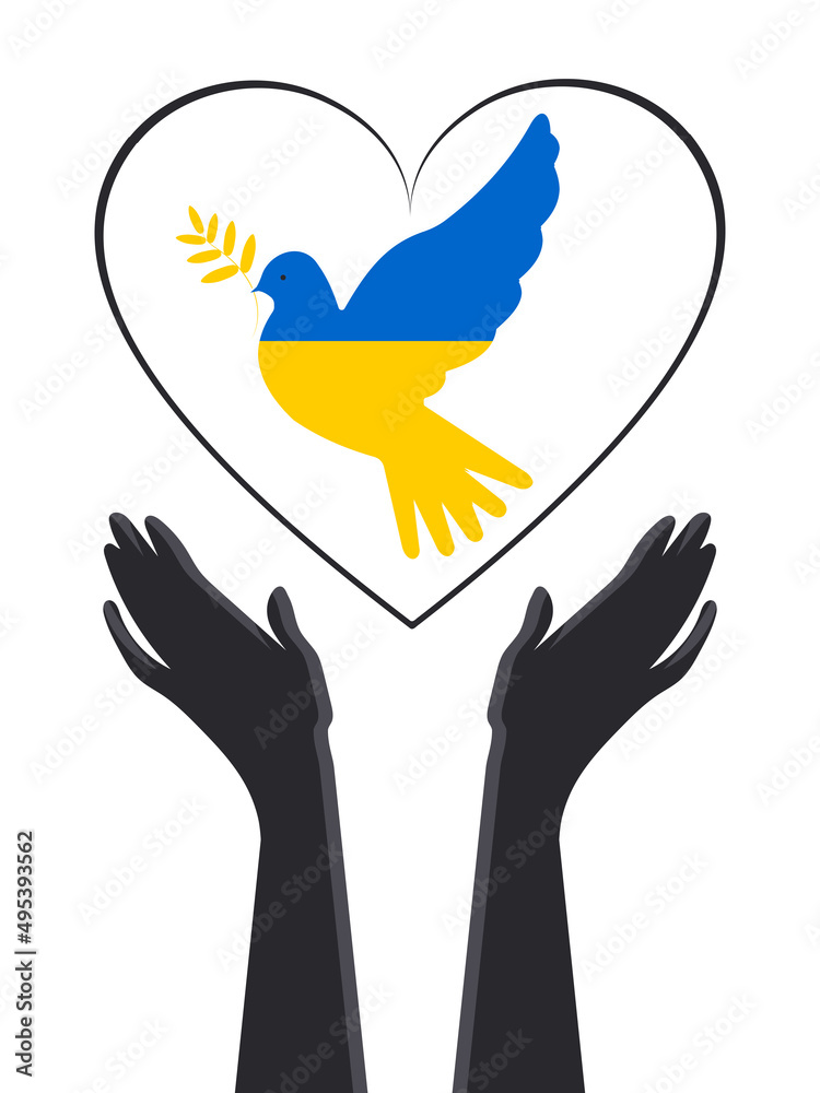 Vertical poster with a dove of peace in the heart and the hands of the ...