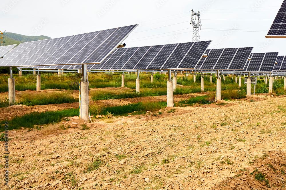 Solar photovoltaic cell base built outdoors Stock Photo | Adobe Stock