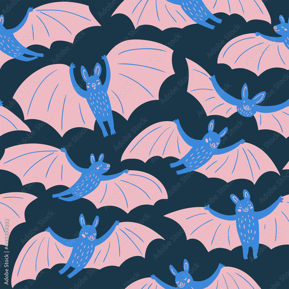 Cute flying bats in different poses.Vector hand-drawn seamless pattern ...