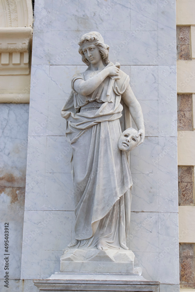 Melpomene muse statue at the facade of the Adolfo Mejia theater in ...