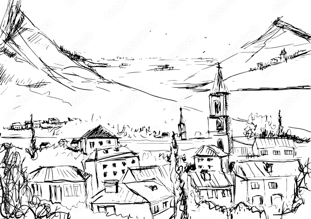 Georgian Landscape Hand Drawn Line Art Illustration Stock Vector ...