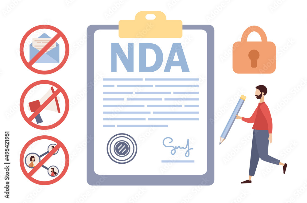 NDA icon set. Non disclosure Agreement document with signature and ...