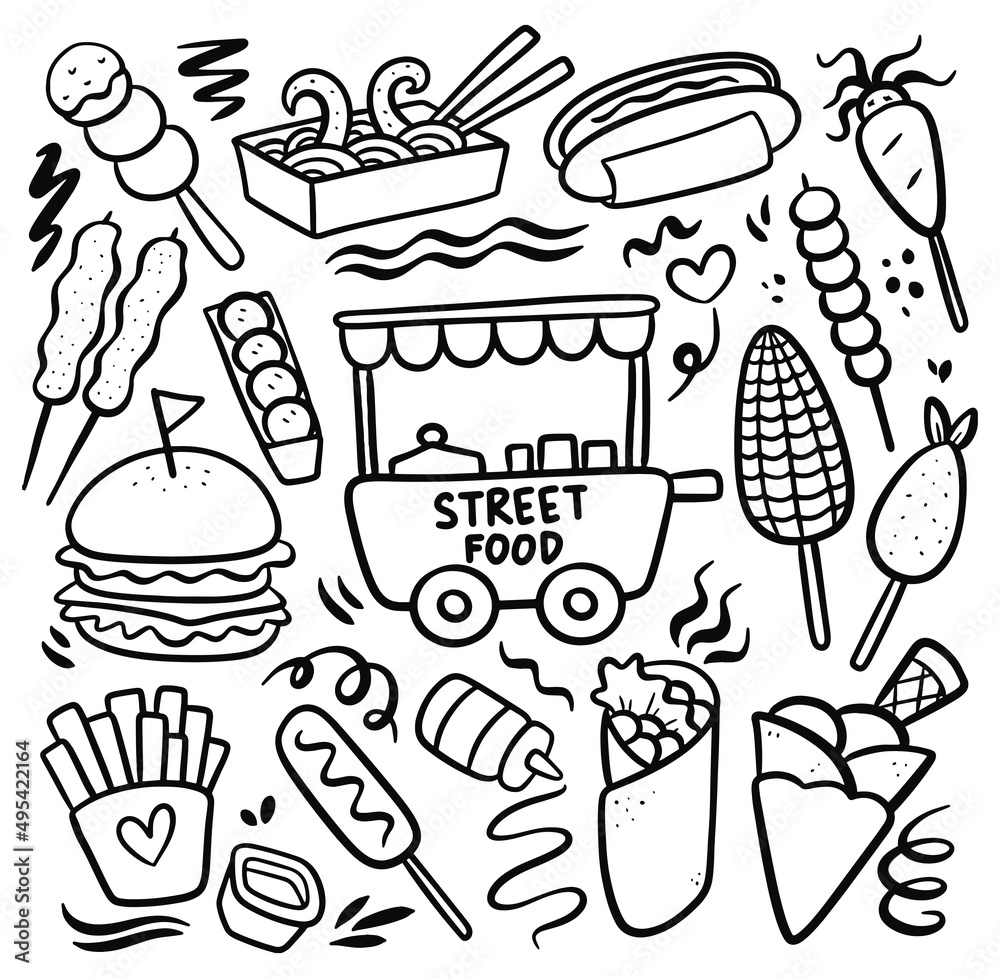 Set of Delicious Street Food Doodle Vector Illustration Stock Vector ...