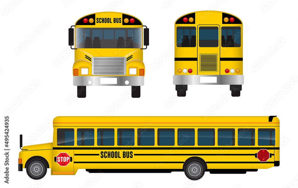set of realistic school bus isolated or yellow school transportation ...
