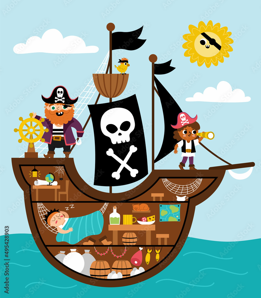 Vector pirate ship scene. Raider vessel interior with pirates, cargo ...