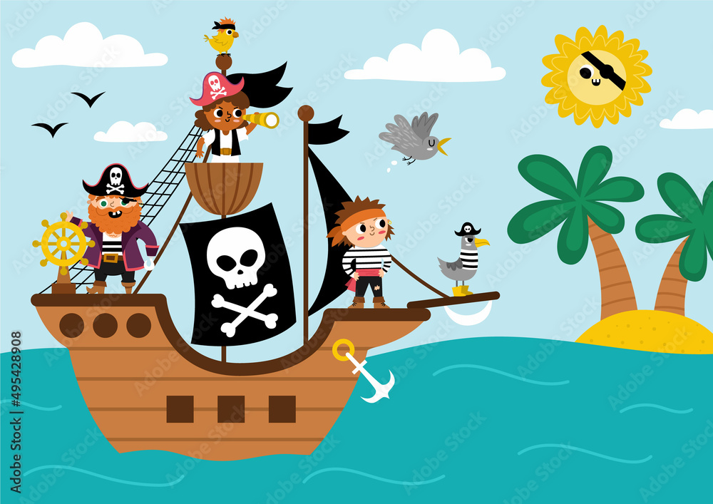 Vector pirate ship scene. Raider vessel with pirates sailing to the ...