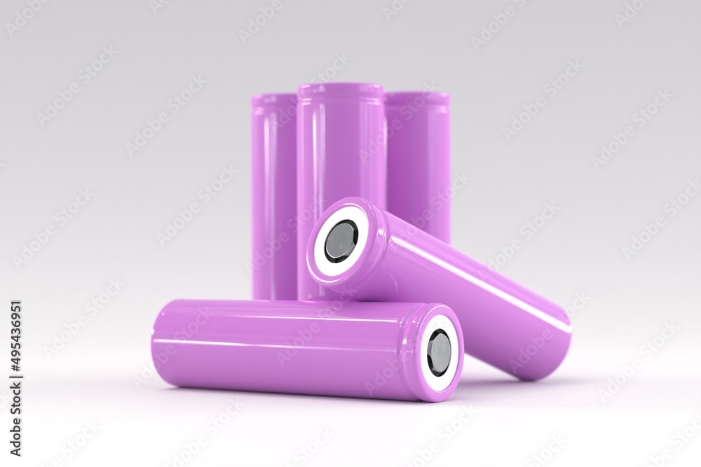 5 pink cylindrical batteries on a light gray background. Storage ...